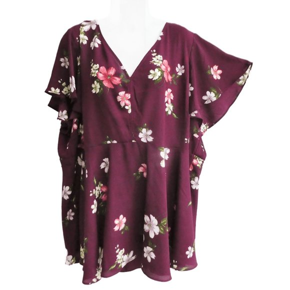 torrid | Tops | Torrid Babydoll Maroon Tunic Top Floral V Neck Flutter ...